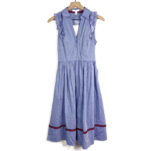 1901 | Dresses | 91 Ruffle Trim Chambray Pleated Retro Midi Dress ...